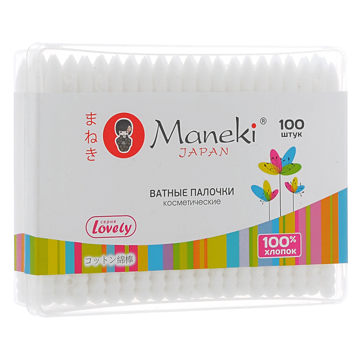 Maneki Палочки ватные косметические Lovely, с белым пластиковым стиком ...