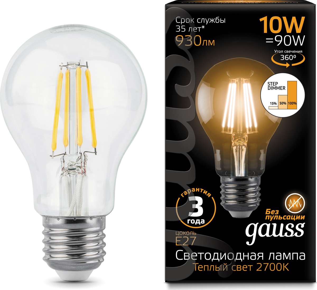 Лампочка Gauss Black LED Filament А60 E27 10W, Теплый белый свет, E27 ...