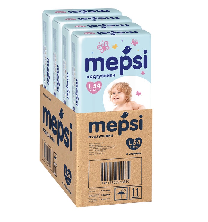 Транспак подгузники Mepsi, размер L (9 - 16кг), 216 штук (4 упаковки х ...