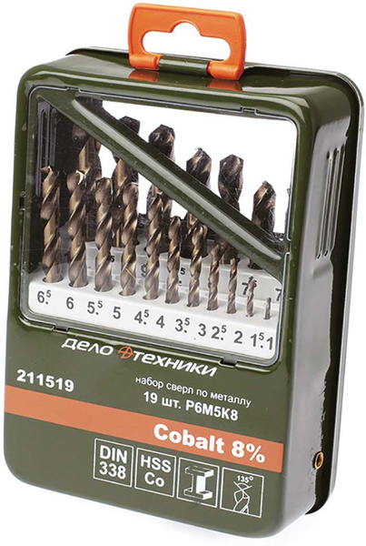 Набор сверл по металлу Cobalt 8% (d1.0 - 10 мм), 19 шт., Дело Техники ...