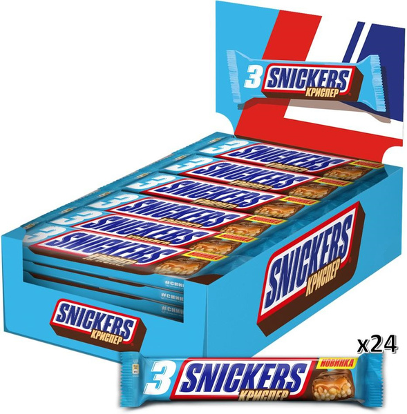 Шоколадные батончики Snickers Криспер, 24 шт по 60 г, Нуга, карамель ...