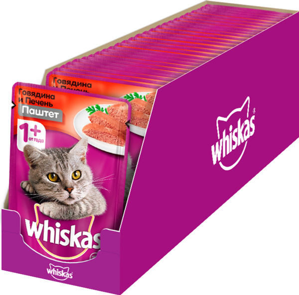Влажный корм для кошек Whiskas паштет из говядины с печенью, 24 шт по ...