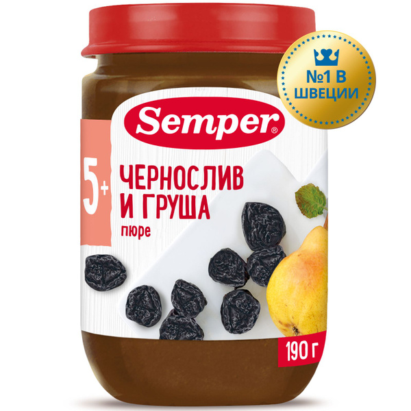 Пюре детское фруктовое Semper чернослив и груша, без сахара, с 5 ...