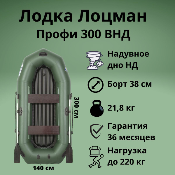 Лодка ПВХ с надувным дном Лоцман Профи 300 ВНД (Зеленый), гребная для ...