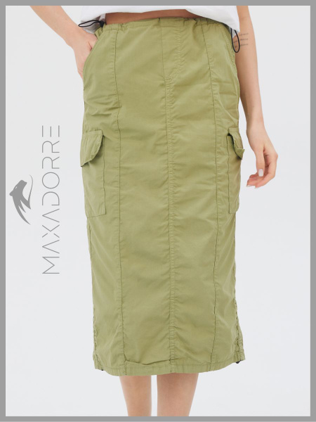 Юбка Женский MAXADORRE хаки Текстиль прямая, размер 46 Затягивающийся шнурок Миди Карманы ...