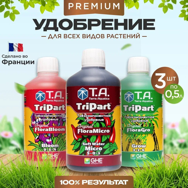 Комплект удобрений, Terra Aquatica TriPart, (Grow + Bloom + Micro SW), 3шт. по 0.5л, (GHE Flora ...