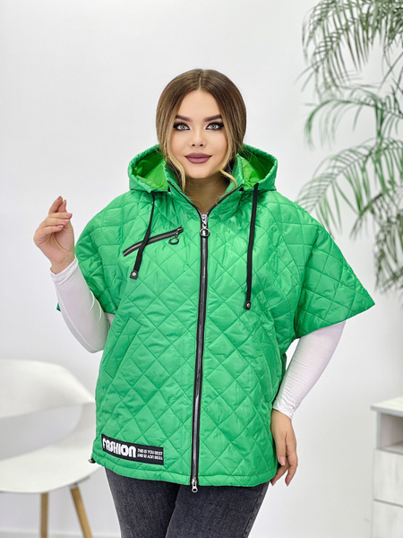 Жилет Женский Jyldyz зеленый, размер 58 оверсайз Молния Однотонный Вечерний/праздничный Синтепон ...