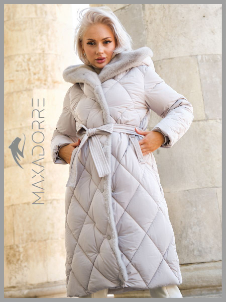 Пальто утепленное Женский MAXADORRE Капюшон, Карманы белый Полиэстер, размер 48 Длинный Зима ...