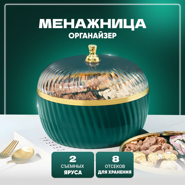 Менажница органайзер круглая, пластиковая, двухъярусная, с крышкой для ...