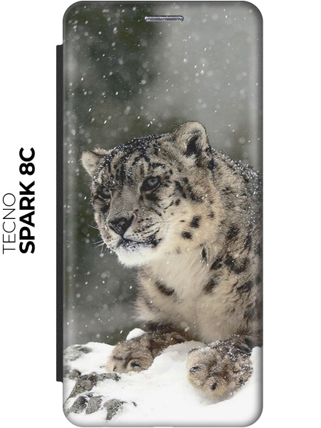 Чехол книжка Барс и падающий снег для Tecno Spark 8c Go 2022 Техно Спарк 8С Го 2022