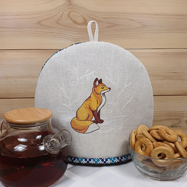 Грелка на чайник, 25x29, 1 шт, кремовый, синий, Синтепон, Рогожка по низкой цене с доставкой в ...