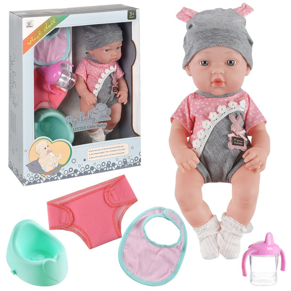 Игровой набор Junfa Пупс 35 см в розово-серой одежде и шапочке с горшком, поильником ...