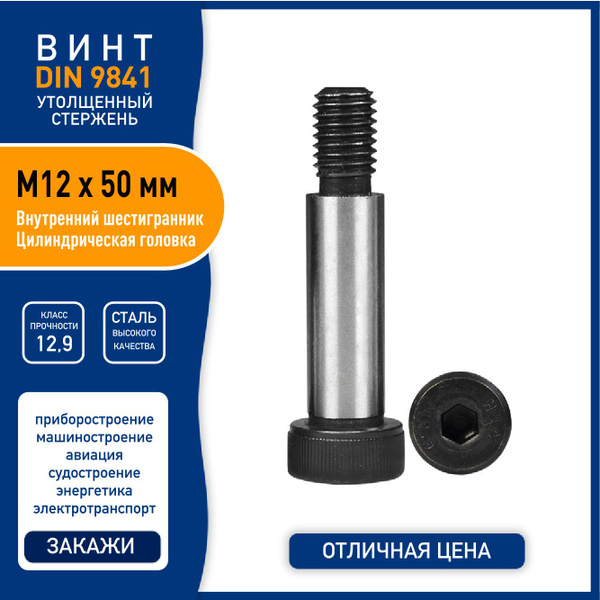 Винт DIN 9841 (ISO 7379) M12 х 50 мм с утолщенным стержнем и внутренним шестигранником, сталь ...