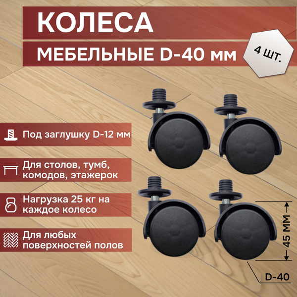 Колеса для мебели с заглушкой, 4 шт., поворотные, с площадкой, D-40 мм ...
