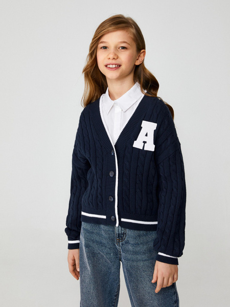 Жакет Девочки Acoola темно-синий Трикотаж, размер 134 прямой Длинный Однотонный Офисный/школьный ...