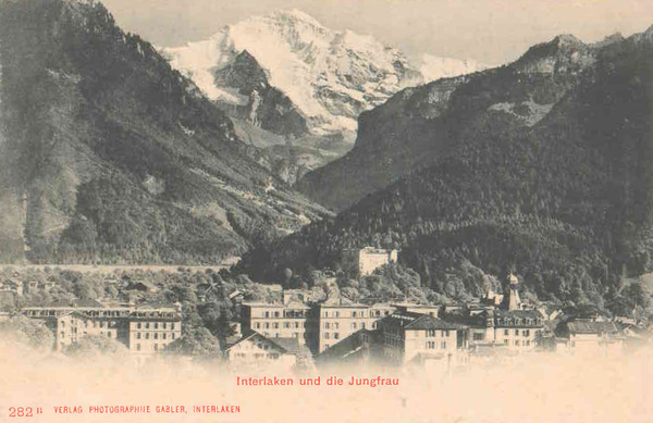 Антикварная открытка "Швейцария. Город Интерлакен. Вид на гору Югенфрау". Швейцария, 1910-1930 ...
