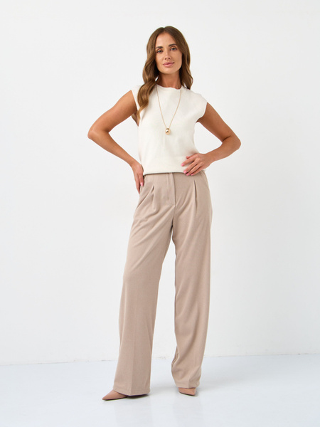 Брюки Женский k.mou классические, палаццо бежевый Костюмная ткань Офисный/школьный, размер 44 ...