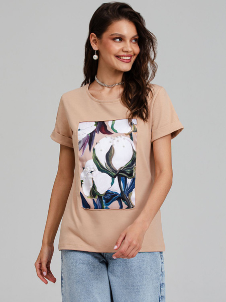 Футболка Женский SAHAR art lab бежевый Короткий, размер 44 Кулирная гладь Разноцветный ...