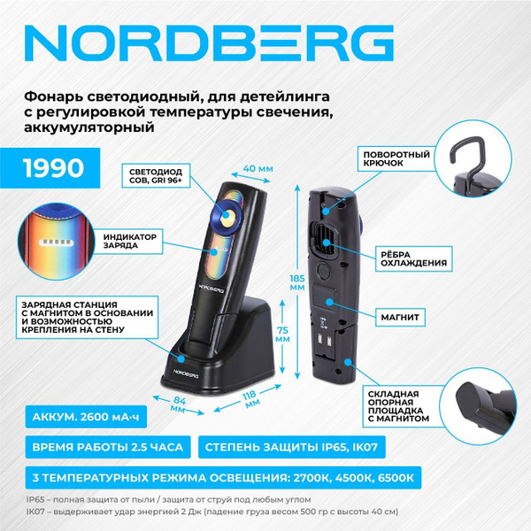 NORDBERG 1990 Фонарь светодиодный для детейлинга, с регулировкой ...