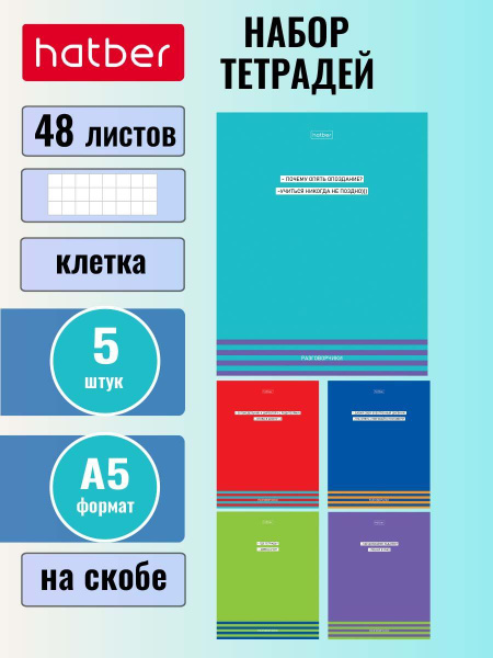 Набор тетрадей 5 штук/5 дизайнов Hatber 48 листов, в клетку на скобе, матовая ламинация ...