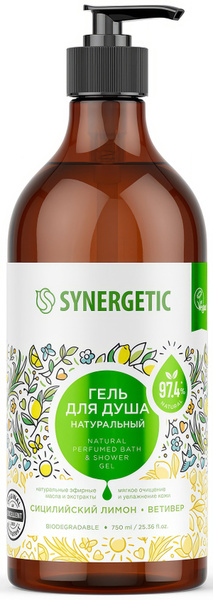 Гель Synergetic для душа, натуральный, биоразлагаемый, сицилийский лимон и ветивер, 750 мл ...