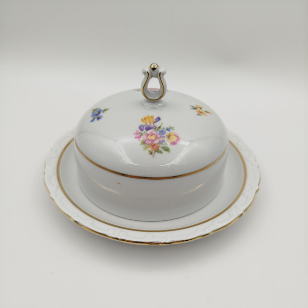 Масленка винтажная, украшенная изображением цветов, фарфор, деколь, золочение, Kahla, Германия ...