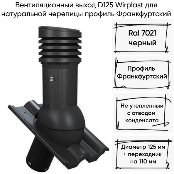 Е33 Франкфурт Вентиляционный выход для черепицы BRAAS Wirplast EVO (не утепленный) D 125/110 мм ...