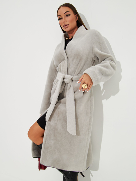 Пальто Женский Oli love Пояс/ремень серый шалька Замша искусственная, Мех искусственный Длинный ...