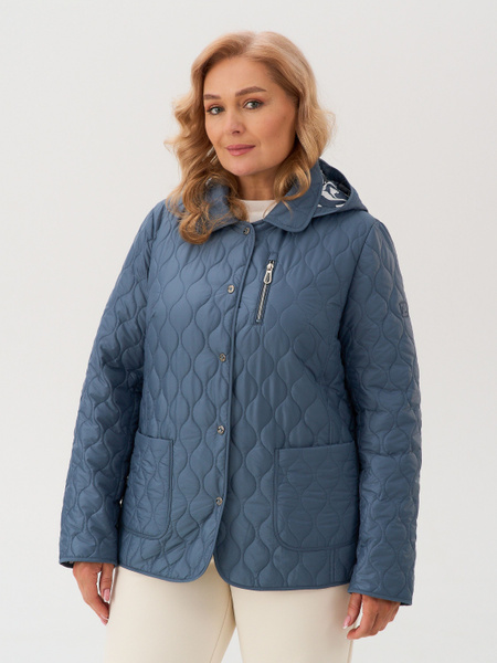 Куртка Женский Elfina Карманы, Капюшон голубой отложной Полиэстер, размер 44 Длинный Демисезон ...