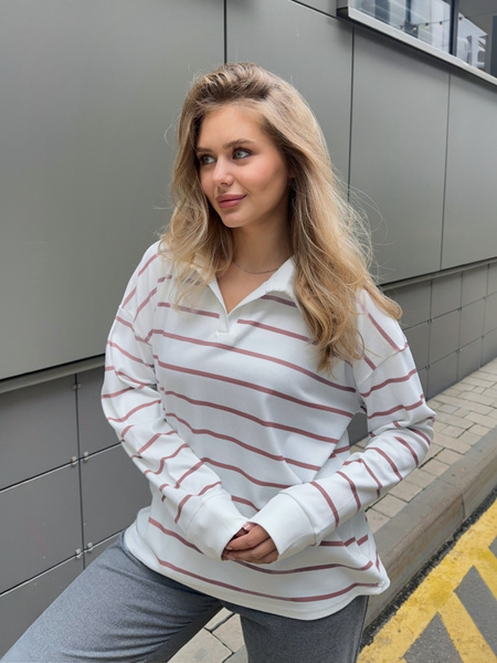 Лонгслив Женский MYCODE белый, бежевый Длинный, размер 50, 52 Хлопок, Полиэстер В рубчик ...