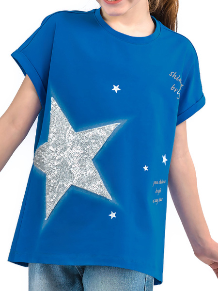 Футболка Девочки Valini синий Короткий, размер 134 Хлопок, Эластан Звезды оверсайз Пайетки ...