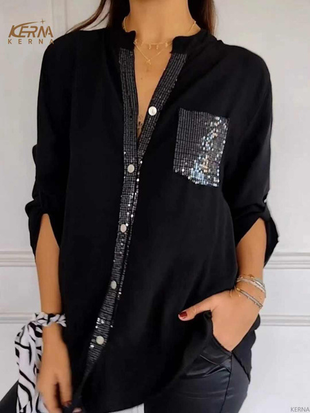 Рубашка Женский KERNA черный Длинный Полиэстер Пайетки Однотонный, размер 64, 66 прямой Пуговицы ...