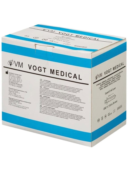 Шприц Luer Slip трехкомпонентный Vogt Medical 2 мл 23G (0.6x30 мм, 100 штук в упаковке) купить ...
