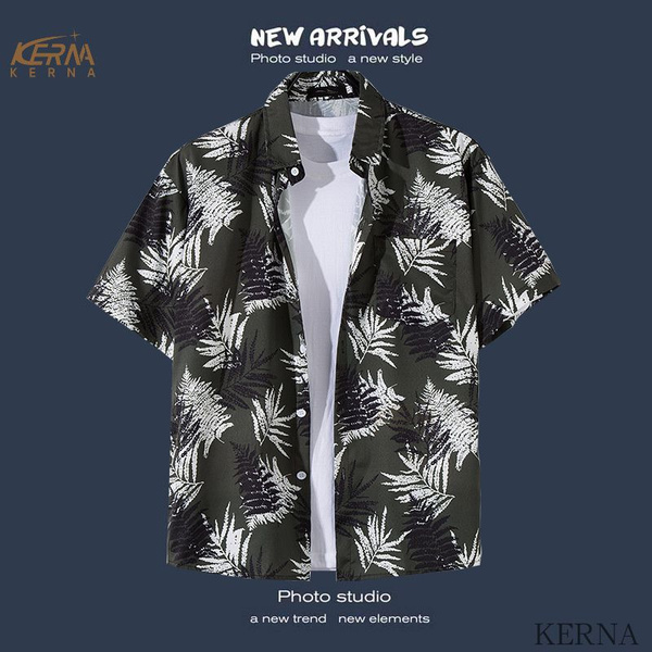 Рубашка Мужской KERNA бело-зеленый Короткий Полиэфирное волокно Цветочный, размер 56, 58 ...