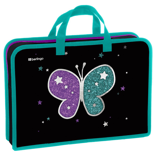 Папка школьная с ручками 1 отделение на молнии, А4 Berlingo "Shining butterfly" 340*245*75мм ...