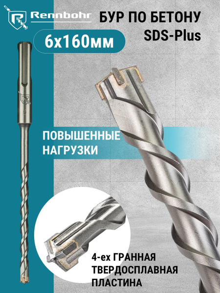 Бур по бетону для перфоратора SDS Plus Rennbohr Quadro 4 грани 6x160 купить на OZON по низкой ...