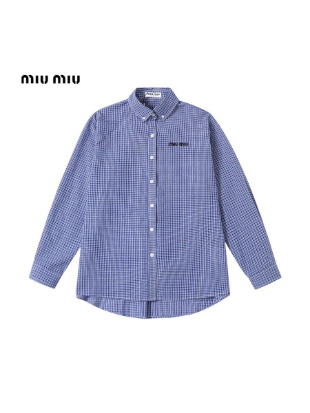 Рубашка Мужской Женский Miu Miu синий Длинный Полиэфирное волокно Значки Геометрический размер