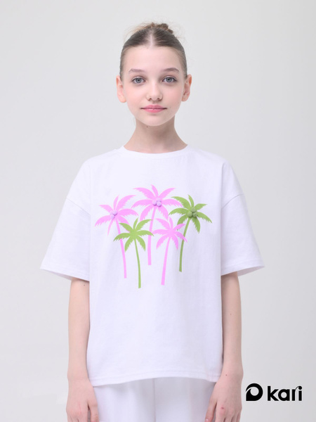Футболка Девочки Kari белый глянец Короткий, размер 152 Хлопок Цветочный оверсайз Повседневный ...