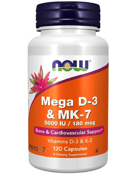 NOW Mega D-3 & MK-7 (5000 IU/180 mcg) 120 caps / Мега Д3 + К2 (5000 МЕ/180 мкг) 120 капсул NOW ...