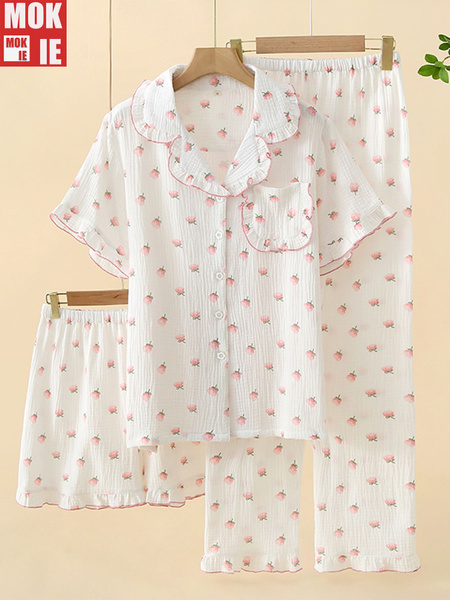 Пижама Женский Mokie с брюками Муслин, Хлопок, размер 48 Цветочный розовый меланж Длинный Китай ...