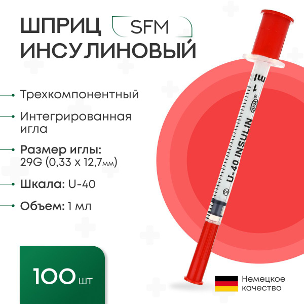 Шприц 1,0 мл. инсулиновый U - 40 (3-х компонентный) SFM, Германия ...