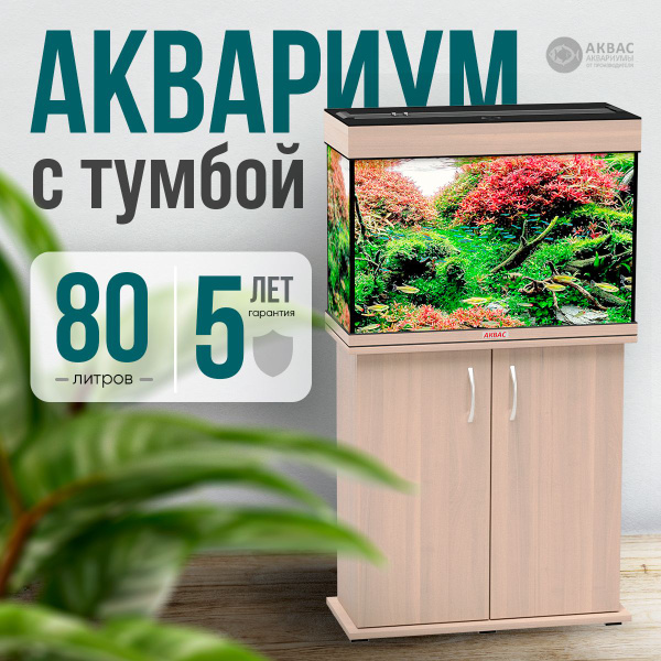 Аквариум 80 литров с тумбой крышкой и освещением (67*29*50 см) Аквас ...