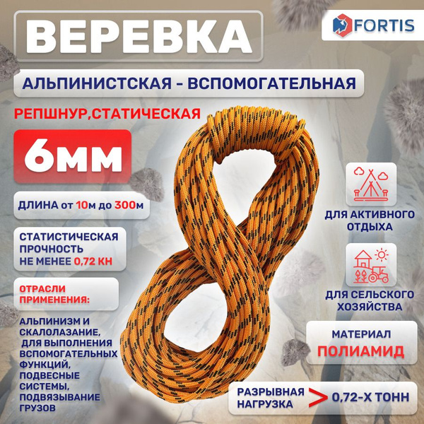 Веревка альпинистская-вспомогательная (репшнур, статическая), диаметр 6 ...