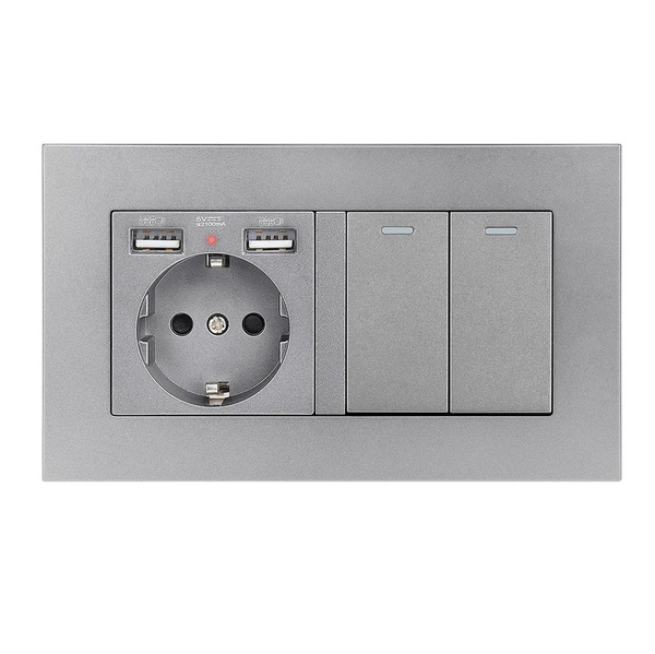 Выключатель механический с розеткой 2 Usb 1 розетки 2 клавиша 146mm Серый Пластиковые панели