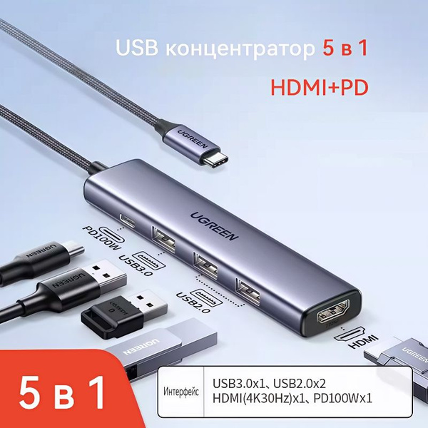 UGREEN 5 в 1 USB TYPE-C Premium концентратор Качественные бренды ...