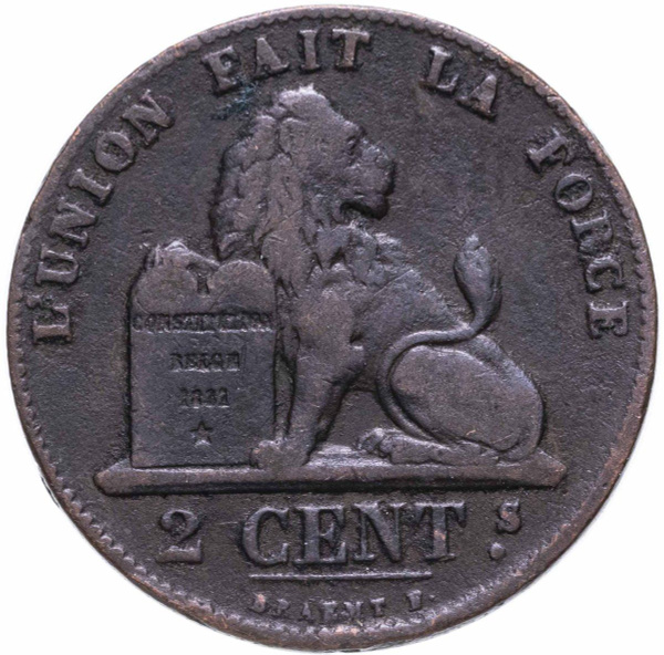 Бельгия 2 сантима centimes 1870 Надпись на французском - 'DES BELGES', Медь, в сохранности F ...