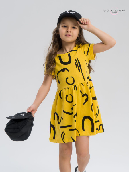 Платье Девочки SOVAlina желтый, черный прямое Домашний Короткий Хлопок, Трикотаж, размер 98 Без ...