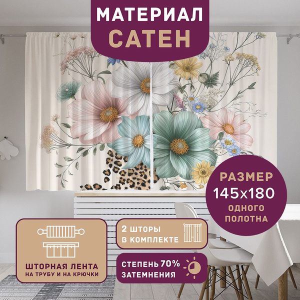 Фотошторы для кухни и спальни "Полевой букет", 2 полотна шириной по 145 см, высота 180 см ...