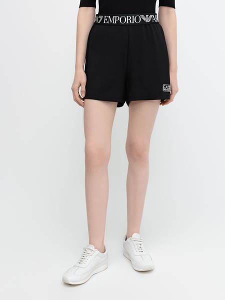 Шорты Женский EA7 Повседневный черный, размер 46, 48 Полиэстер, Хлопок Логотип купить c ...