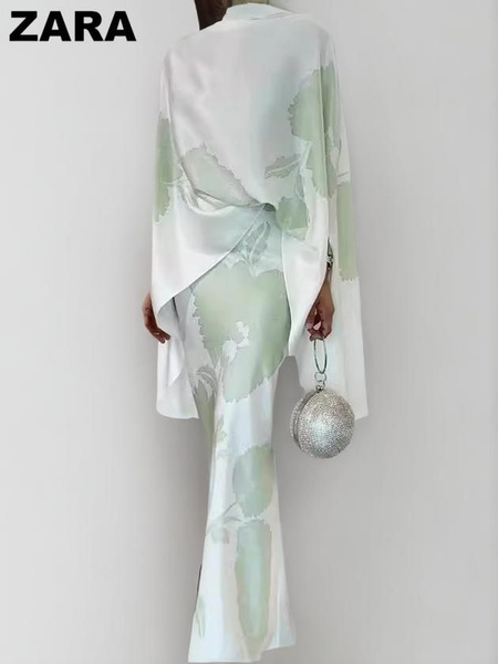 Комплект одежды Женский Zara Вечерний/праздничный белый, зеленый, размер 46 Полиэстер Орнамент ...